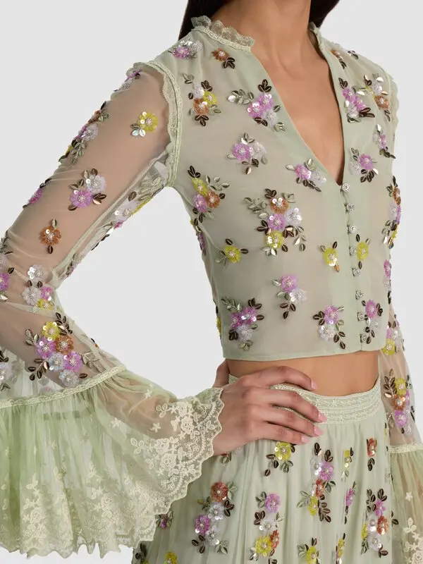 Alice + Olivia Allegra Embellished Ruffle Sleeve Cropped Top