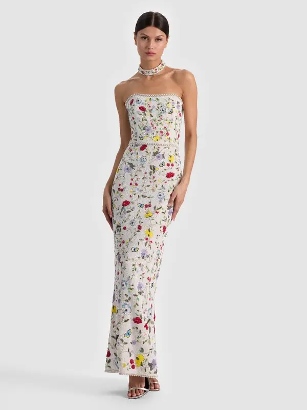 Alice + Olivia Georgie Embellished Strapless Gown - Twisting Vines Off White