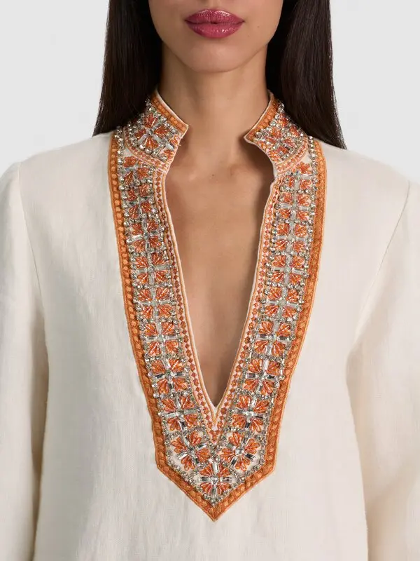 Alice + Olivia Eleonora Embellished Linen Tunic Top