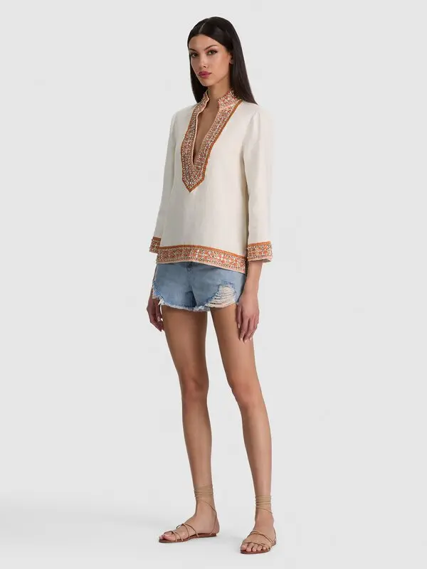 Alice + Olivia Eleonora Embellished Linen Tunic Top