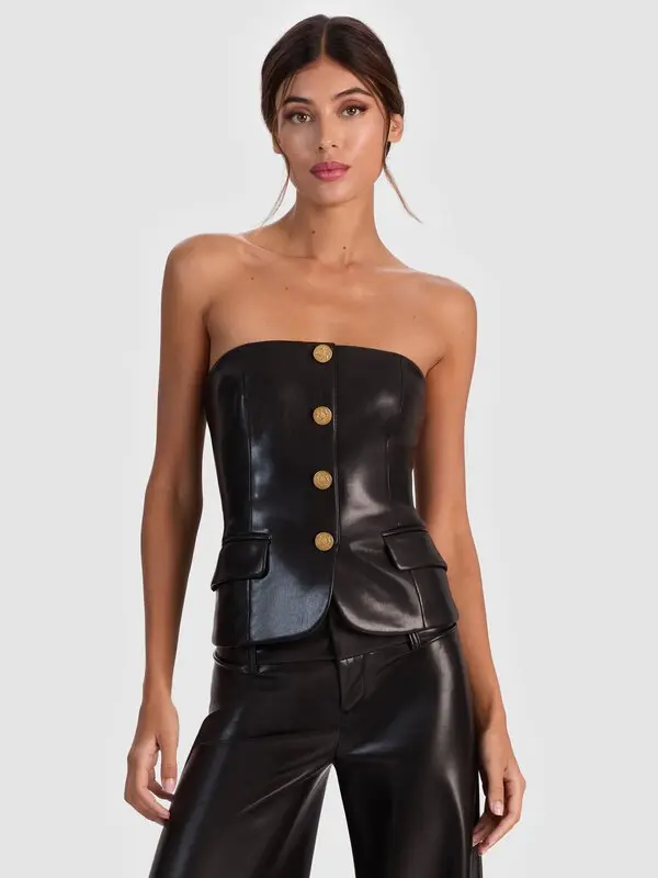 Alice + Olivia Strapless Vegan Leather Bustier Top With Pocket Detail