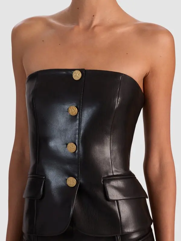 Alice + Olivia Strapless Vegan Leather Bustier Top With Pocket Detail