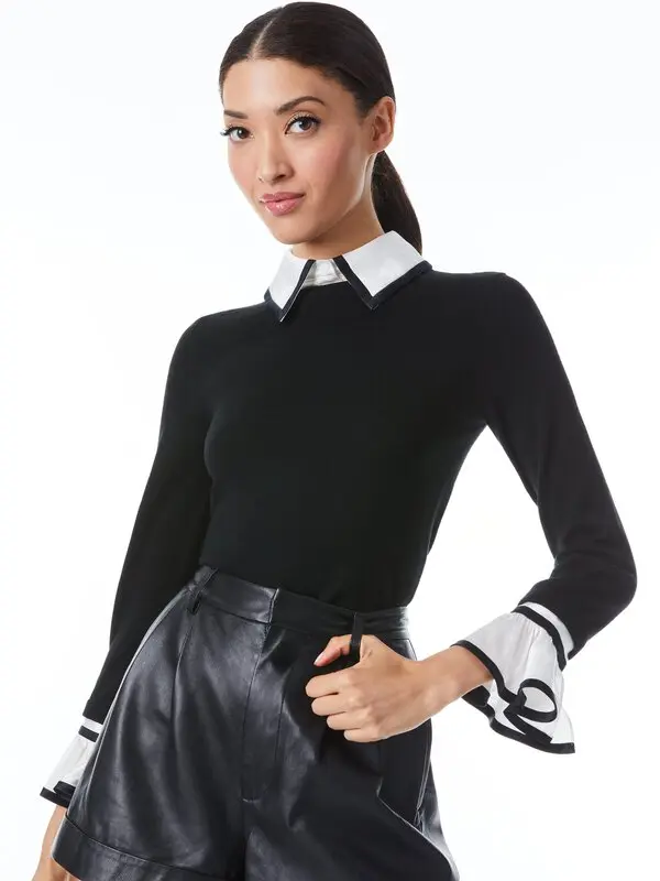 Alice + Olivia Justina Collared Sweater With Ruffled Sleeves