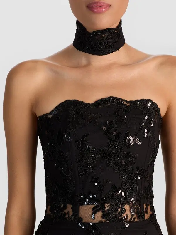 Alice + Olivia Georgie Embellished Lace Mini Dress With Choker