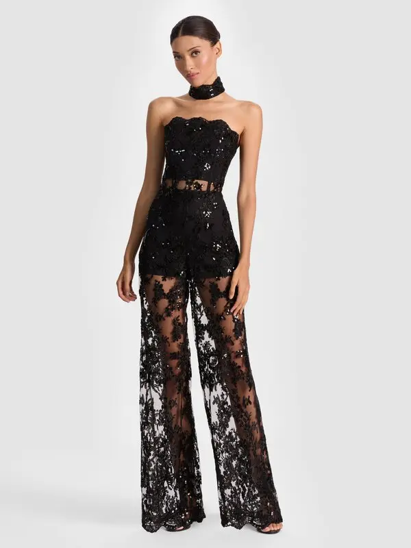 Alice + Olivia Georgie Embellished Lace Jumpsuit With Detachable Choker - Black