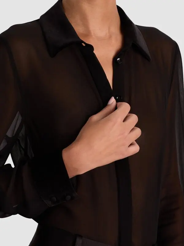 Alice + Olivia Willa Sheer Viscose Georgette Blouse With Velvet Collar And Cuffs - Black/black