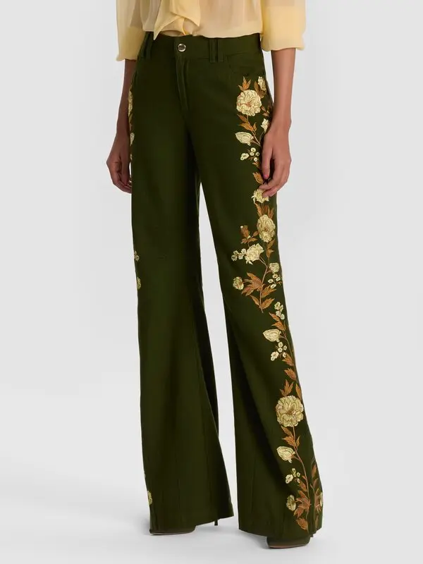 Alice + Olivia Wide Leg Embroidered Pants - Dark Olive/multi