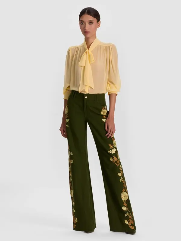 Alice + Olivia Wide Leg Embroidered Pants - Dark Olive/multi