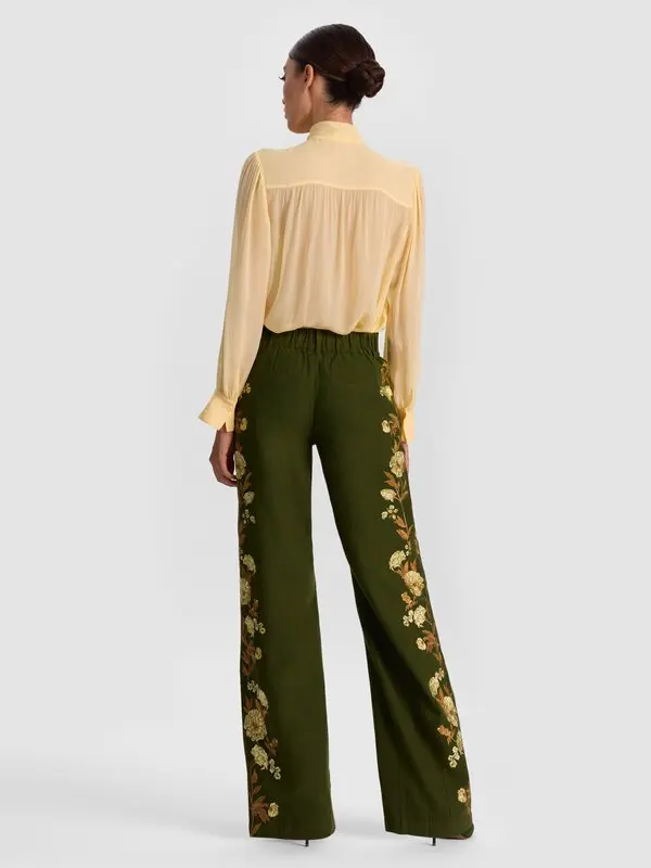 Alice + Olivia Wide Leg Embroidered Pants - Dark Olive/multi