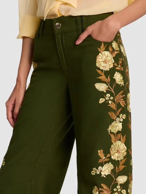 Alice + Olivia Wide Leg Embroidered Pants - Dark Olive/multi