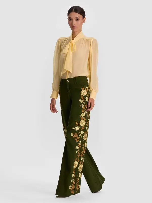 Alice + Olivia Wide Leg Embroidered Pants - Dark Olive/multi