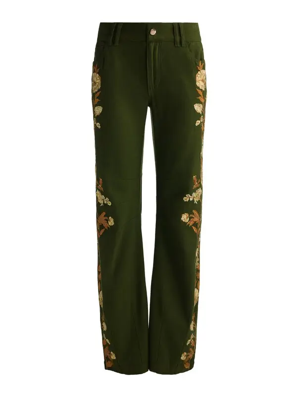 Alice + Olivia Wide Leg Embroidered Pants - Dark Olive/multi