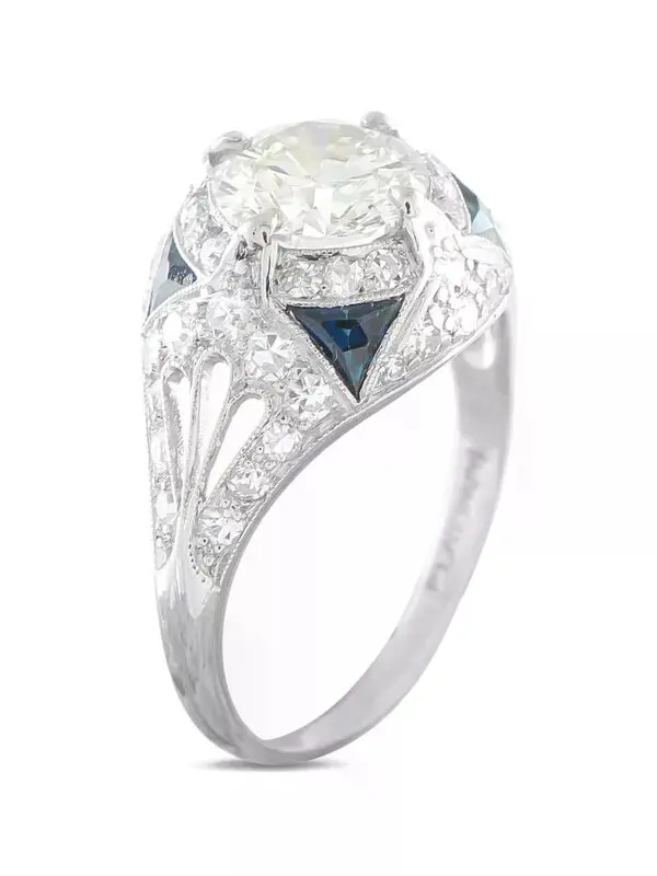 LB EXCLUSIVE Platinum Diamond And Sapphire Art Deco Ring - Silver