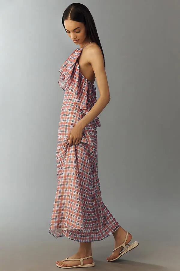 ASTON STUDIO Romane Ruffle Maxi Dress - Papaya Plaid