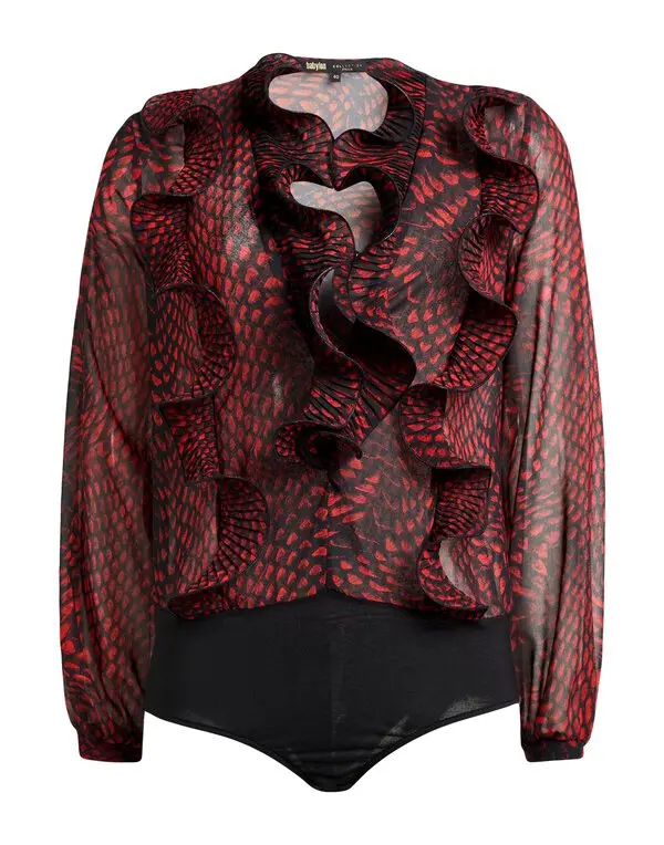 BABYLON Snakeskin-print Georgette Bodysuit With Ruffles And Deep Neckline