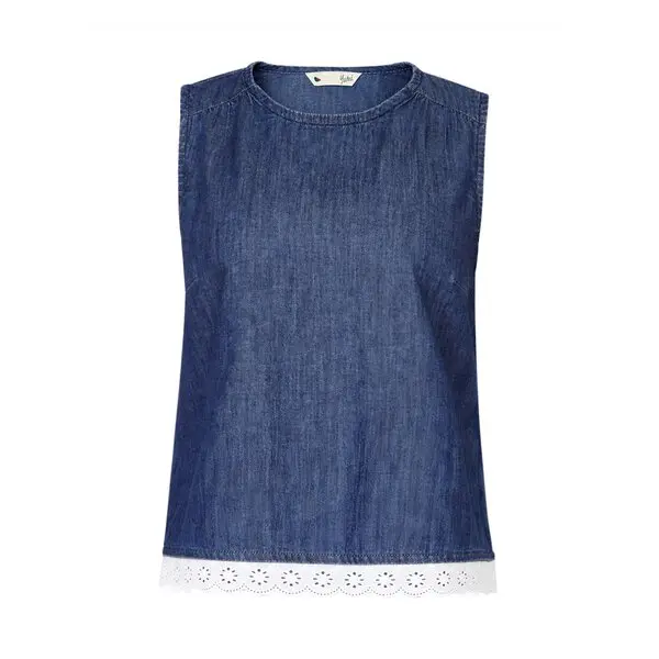 YUMI Sleeveless Cotton Chambray Top With Lace Trim