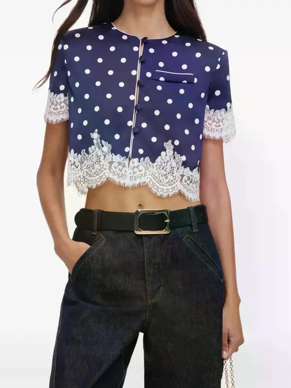SELF-PORTRAIT Polka-dot Lace-trimmed Shirt - Blue