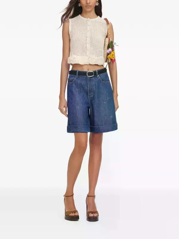 SELF-PORTRAIT Floral Appliqué Crochet Knit Top - Neutrals