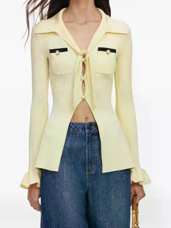 SELF-PORTRAIT Pearl-embellished Ribbed Shirt - Yellow