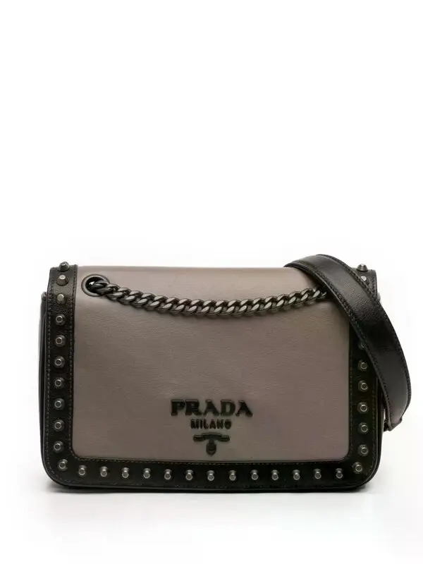 Prada Bicolor Glace Calfskin Studded Crossbody Bag - Brown