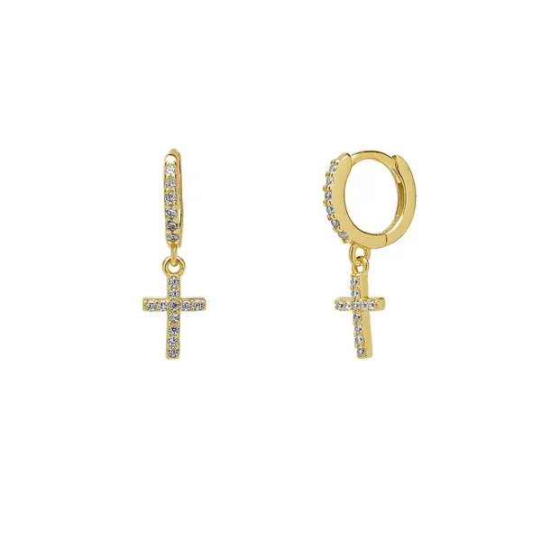 SPERO LONDON Sterling Silver Pave Cross Drop Huggie Earrings - Gold