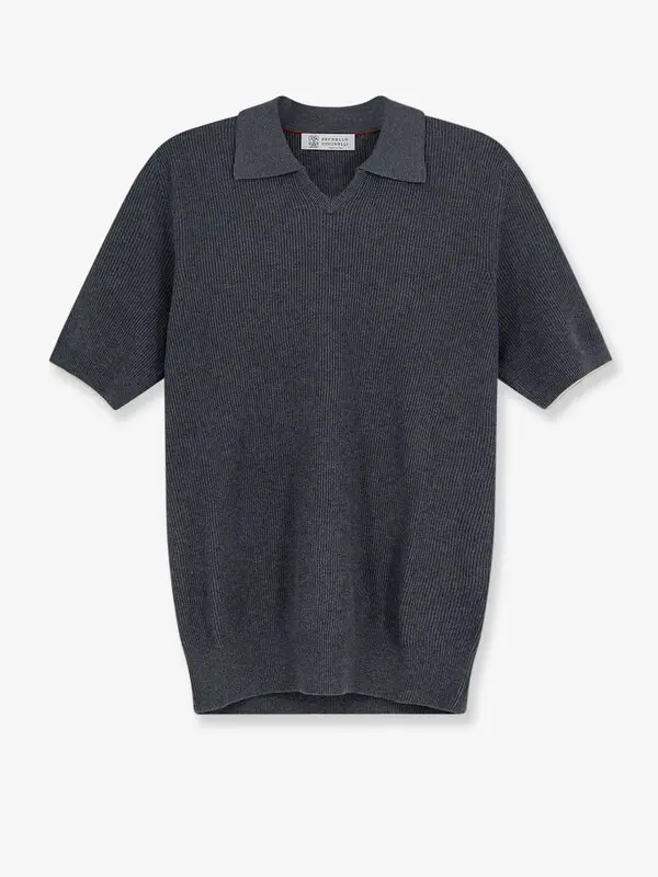 Brunello Cucinelli Cotton Polo Shirt With Ribbed Knit - Grey