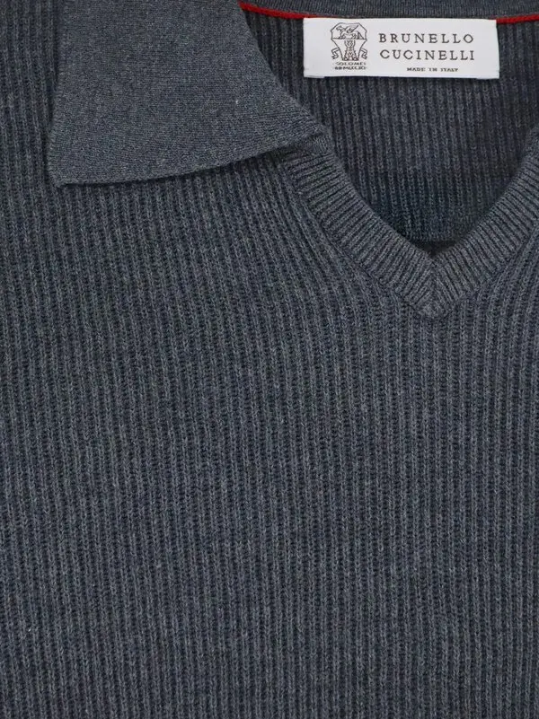 Brunello Cucinelli Cotton Polo Shirt With Ribbed Knit - Grey