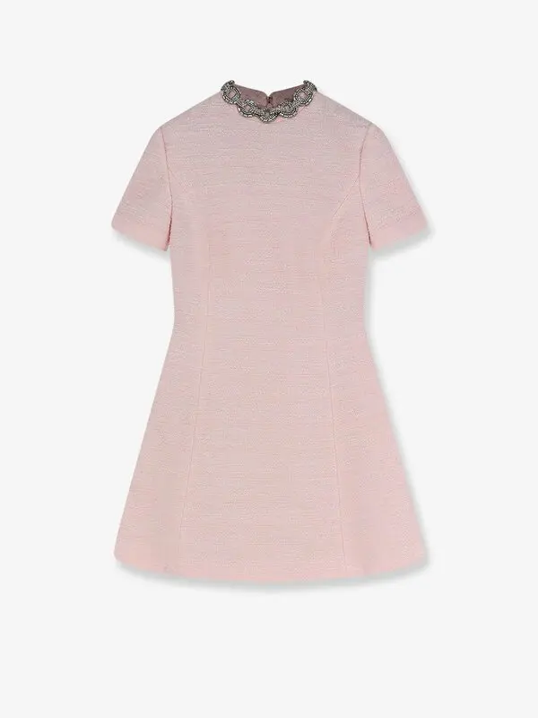 Valentino Garavani Crinkle Cotton Tweed Mini Dress With Embellished Neckline - Pink