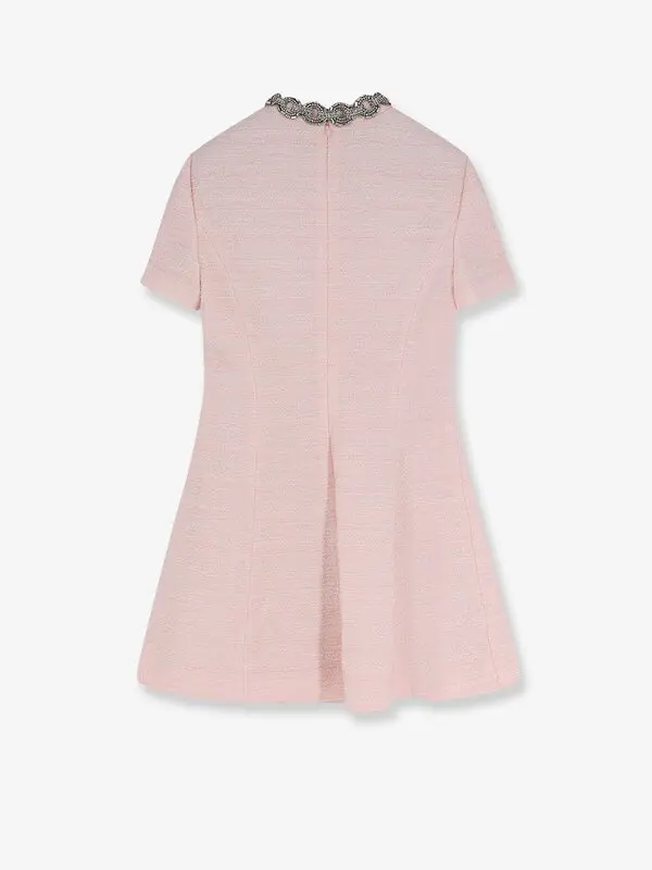 Valentino Garavani Crinkle Cotton Tweed Mini Dress With Embellished Neckline - Pink