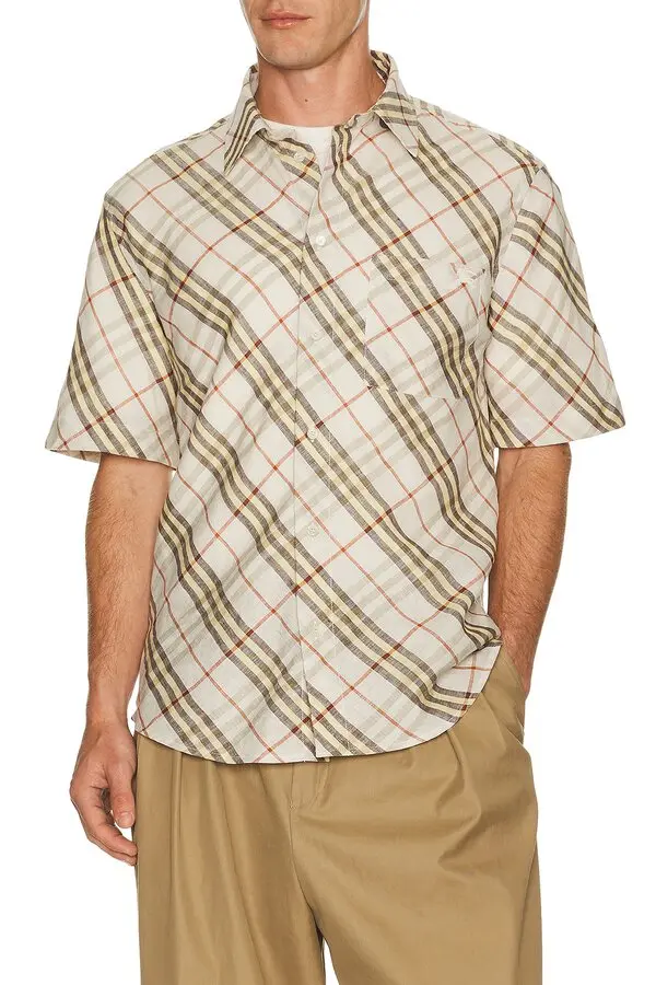 Burberry Roland Short Sleeve Check Ekd Shirt In Beige - Pebble