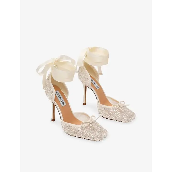 Steve Madden Larina Sequin Embellished Satin Heels With Ankle Tie - White