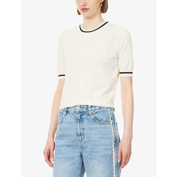 FRAME Gathered Short-sleeve Knitted Cotton-blend Jumper