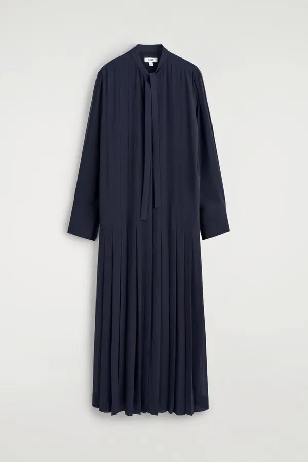 Cos Pleated Bow-detail Midi Shirt Dress - Navy