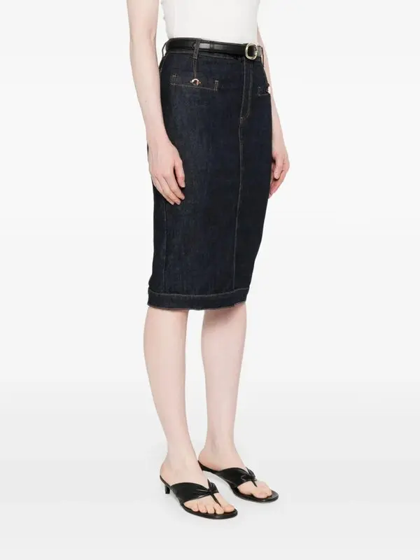 SELF-PORTRAIT Denim Pencil Skirt With Leather Belt