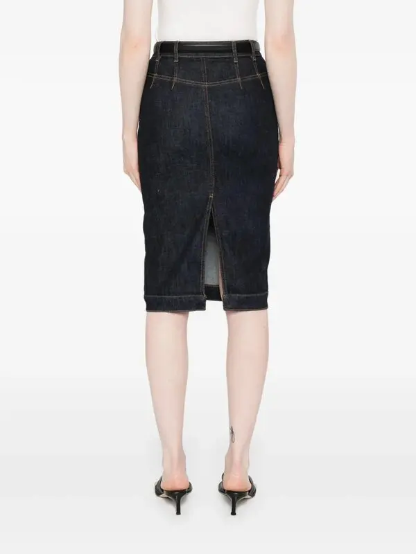 SELF-PORTRAIT Denim Pencil Skirt With Leather Belt