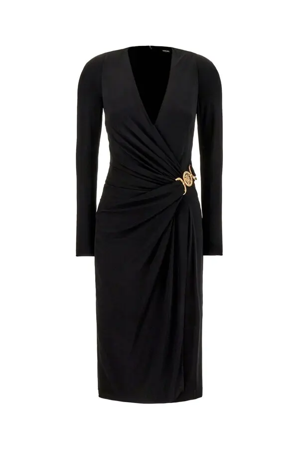 Versace Long Sleeve Ruched Dress With Medusa Buckle - Multicolor