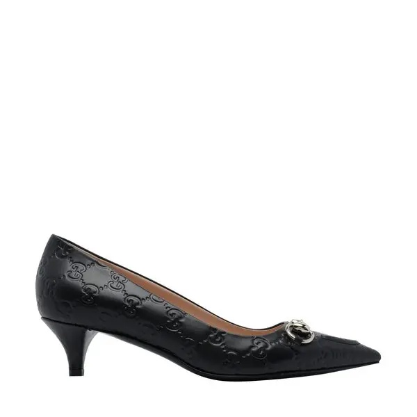Gucci Calf Leather All-over Logo Print Pointed Toe Slip-on Kitten Heels - Black