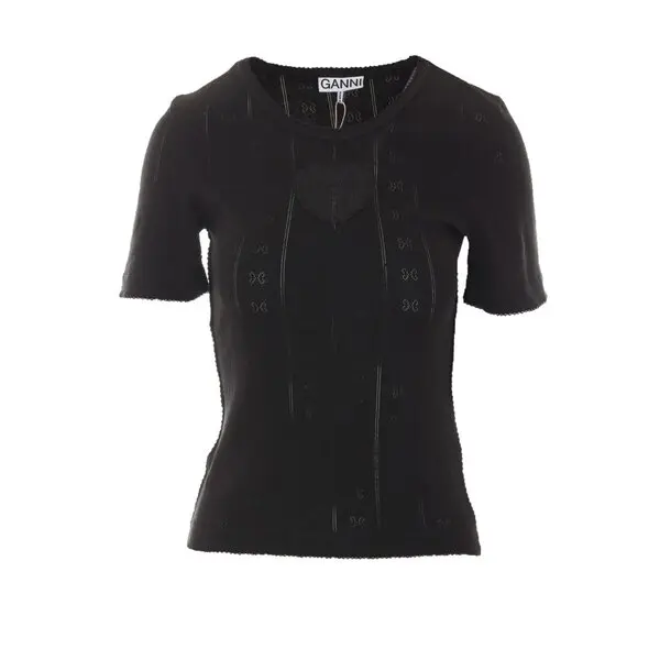 GANNI Compact Pointelle T-shirt With Embroidered Logo - Black
