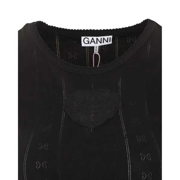 GANNI Compact Pointelle T-shirt With Embroidered Logo - Black
