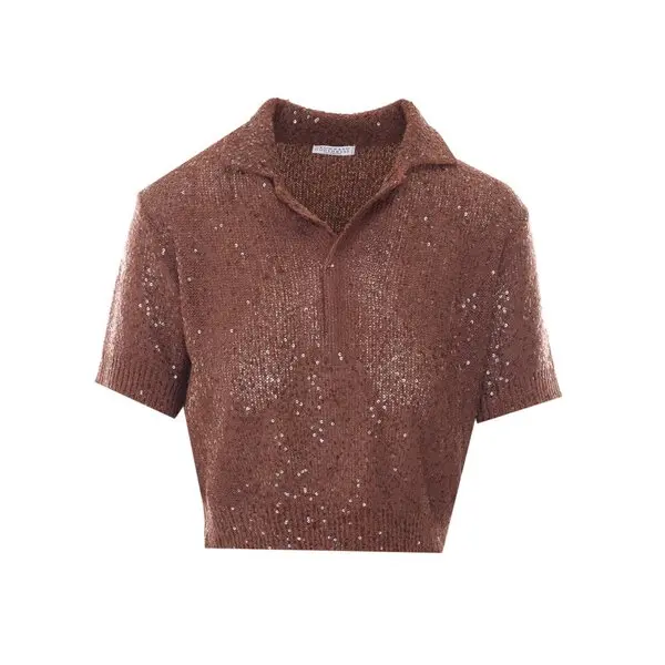 Brunello Cucinelli Sequin-embellished Knit Polo - Brown