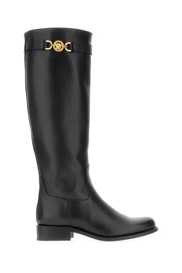 Versace Knee High Boots With Medusa Buckle Detail