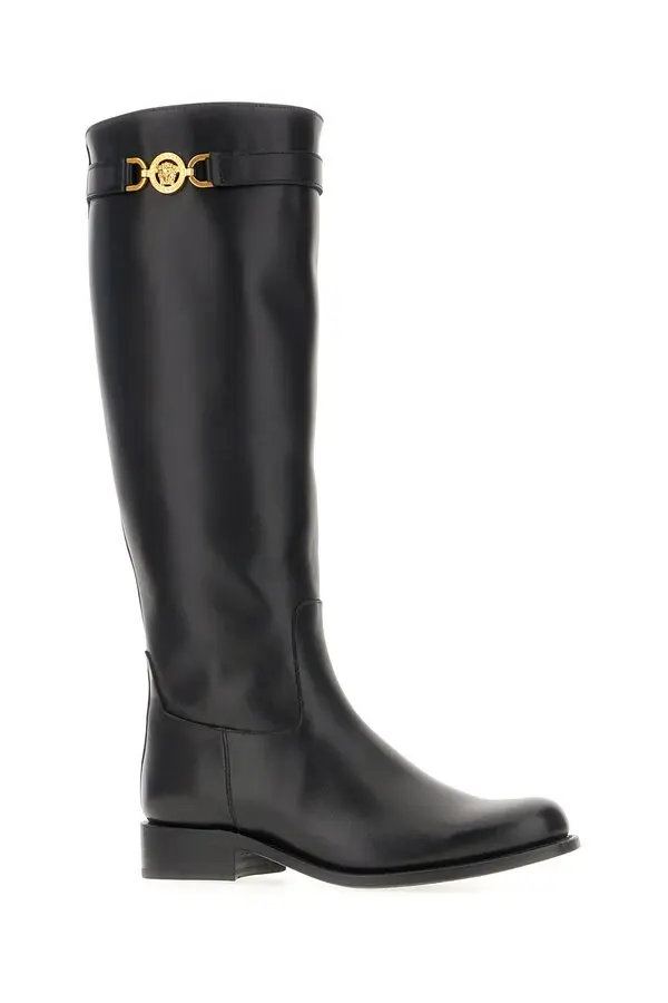 Versace Knee High Boots With Medusa Buckle Detail