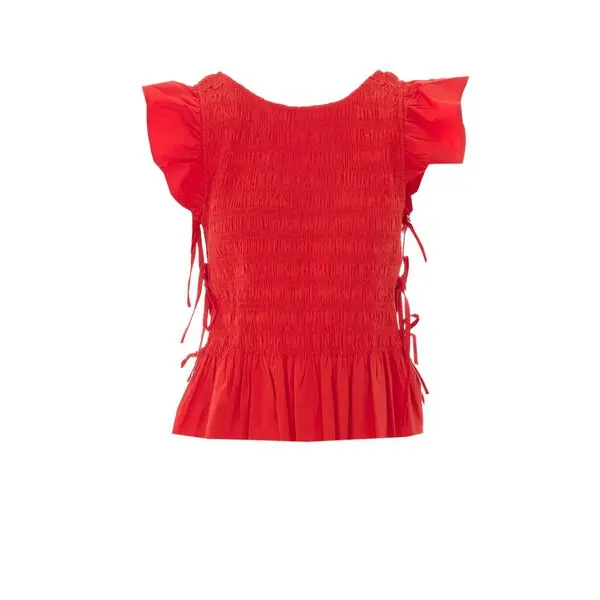 GANNI Smocked Cotton Top With Frills And Tie Closures - Red