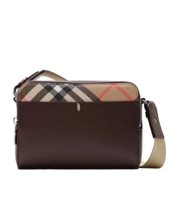 Burberry Check Webbing Strap Shoulder Bag - Peat Brown/sand Beige
