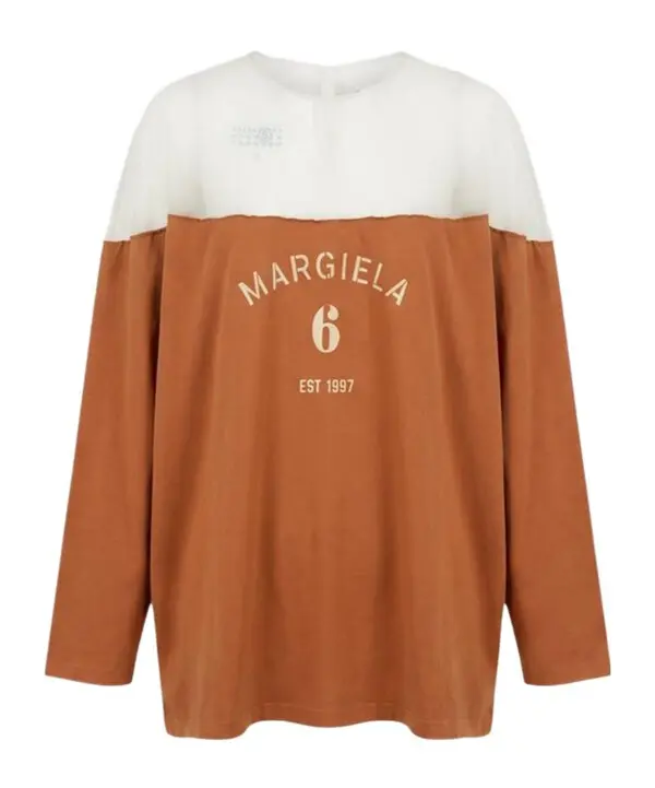 MAISON MARGIELA Printed T-shirt With Round Neck And Long Sleeves - Brown