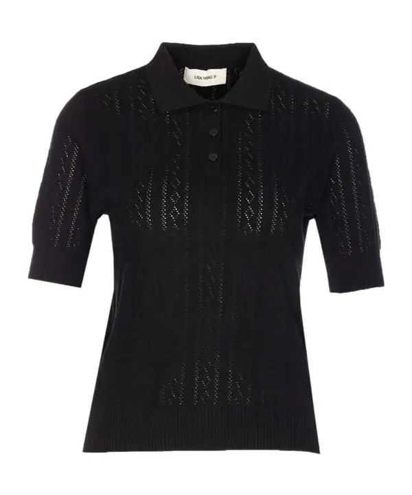 LISA YANG Cristine Pointelle Knit Polo Sweater - Black