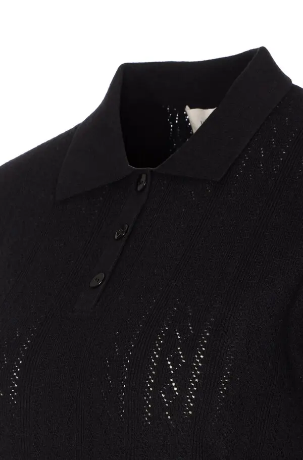 LISA YANG Cristine Pointelle Knit Polo Sweater - Black