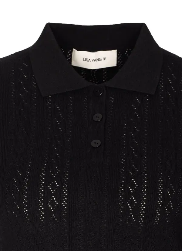 LISA YANG Cristine Pointelle Knit Polo Sweater - Black
