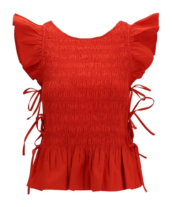 GANNI Smocked Peplum Top With Flared Sleeves And Tie Detail - Red