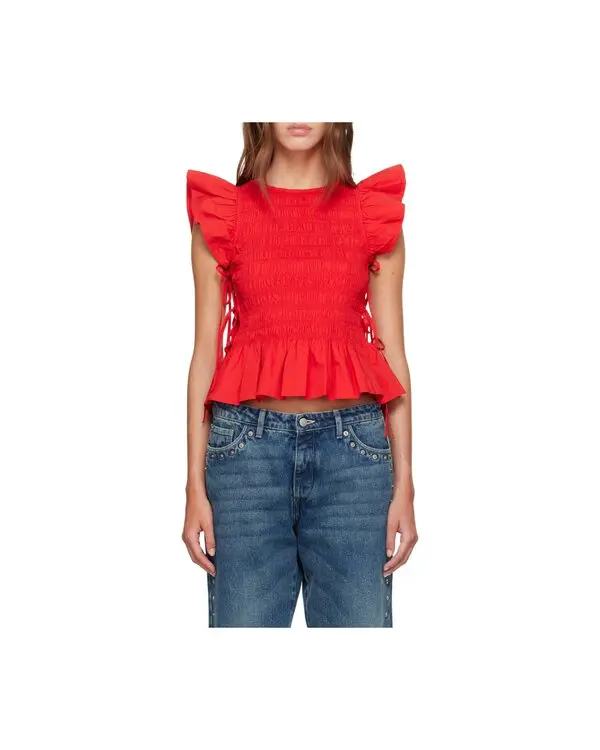 GANNI Smocked Peplum Top With Flared Sleeves And Tie Detail - Red